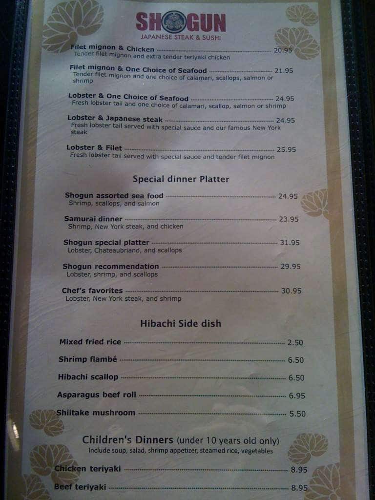 Menu at Shogun Japanese Steak & Sushi restaurant, Murray