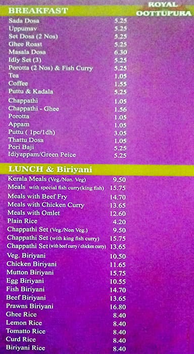Menu of Royal Oottupura Restaurant, Jafza, Dubai