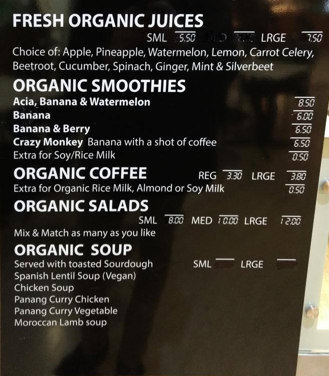 Menu at Organic Coffee cafe, Sydney, 537/551 George St