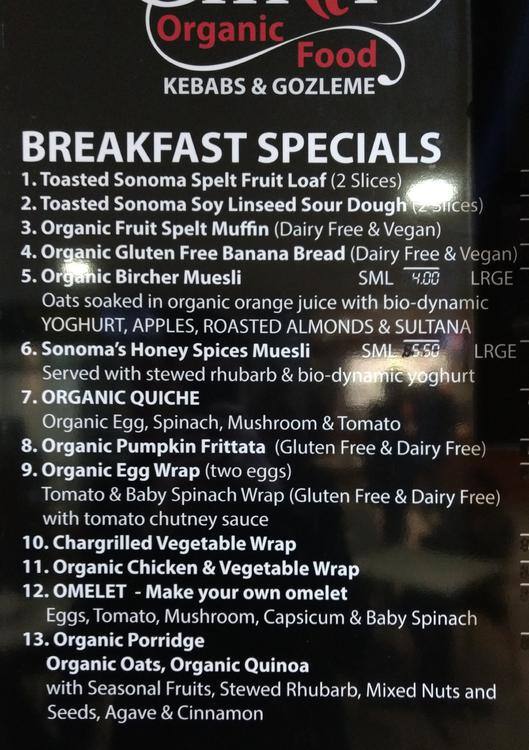 Menu at Organic Coffee cafe, Sydney, 537/551 George St