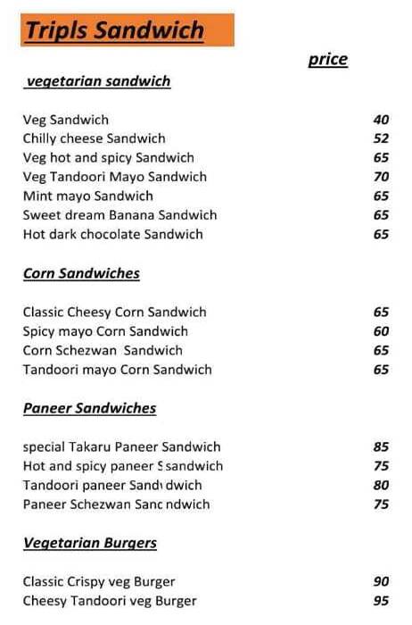 Menu of Triple Sandwich, Valasaravakkam, Chennai