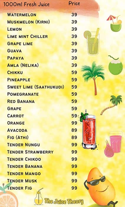 Menu of The Juice Theory, Ramapuram, Chennai