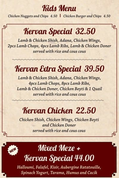 Menu at Kervan Sofrasi Restaurant, London, 171 Hertford Rd