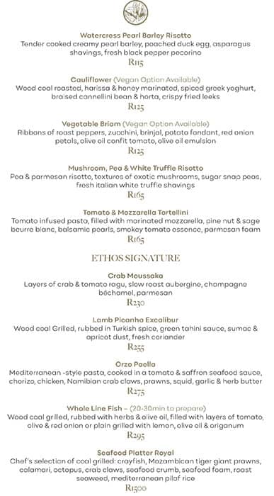 Menu at Ethos restaurant, London