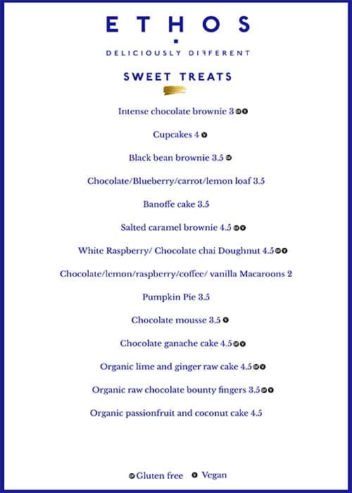 Menu at Ethos restaurant, London