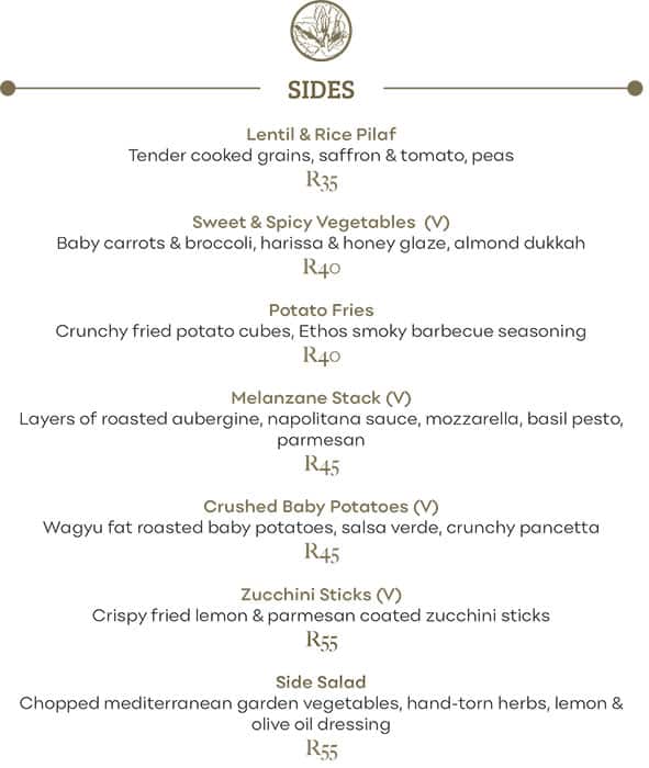 Menu at Ethos restaurant, London