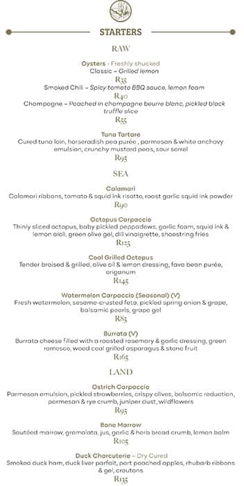 Menu at Ethos restaurant, London