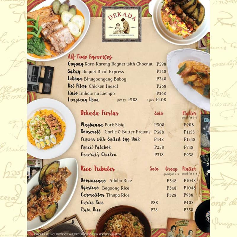 Menu at Dekada, Historic Filipino Cuisine restaurant, Makati