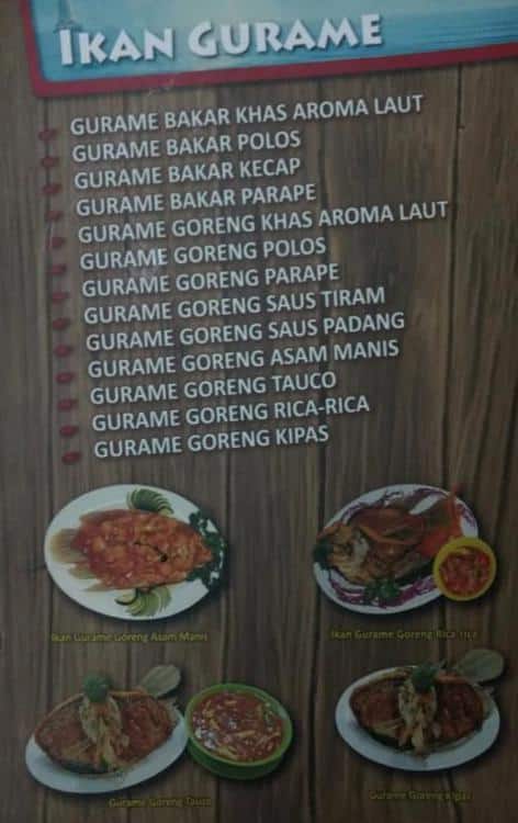 Menu at Pondok Aroma Laut restaurant, Central Jakarta