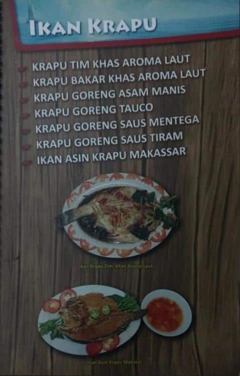 Menu at Pondok Aroma Laut restaurant, Central Jakarta