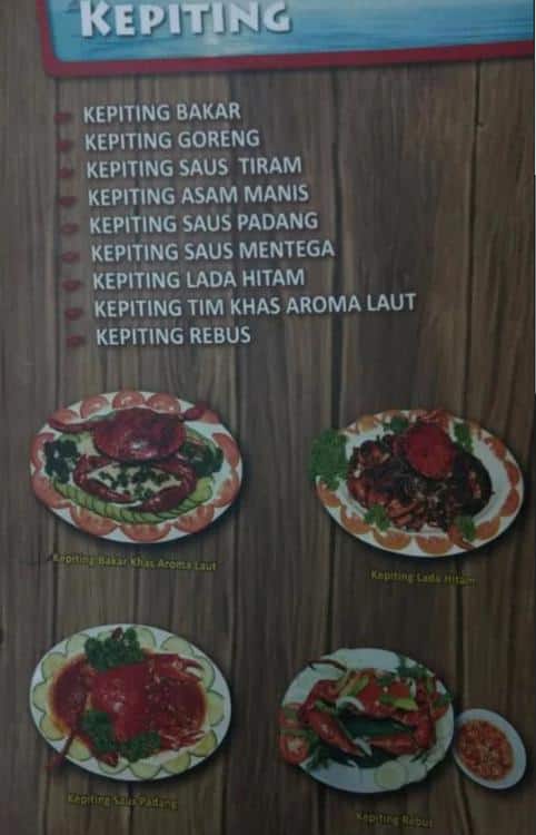 Menu at Pondok Aroma Laut restaurant, Central Jakarta