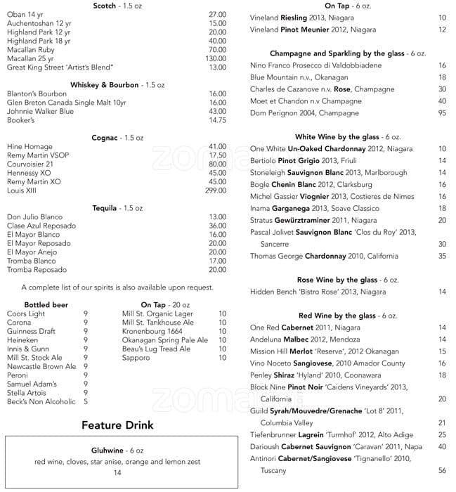 Menu at ONE Restaurant, Toronto, 116 Yorkville Ave