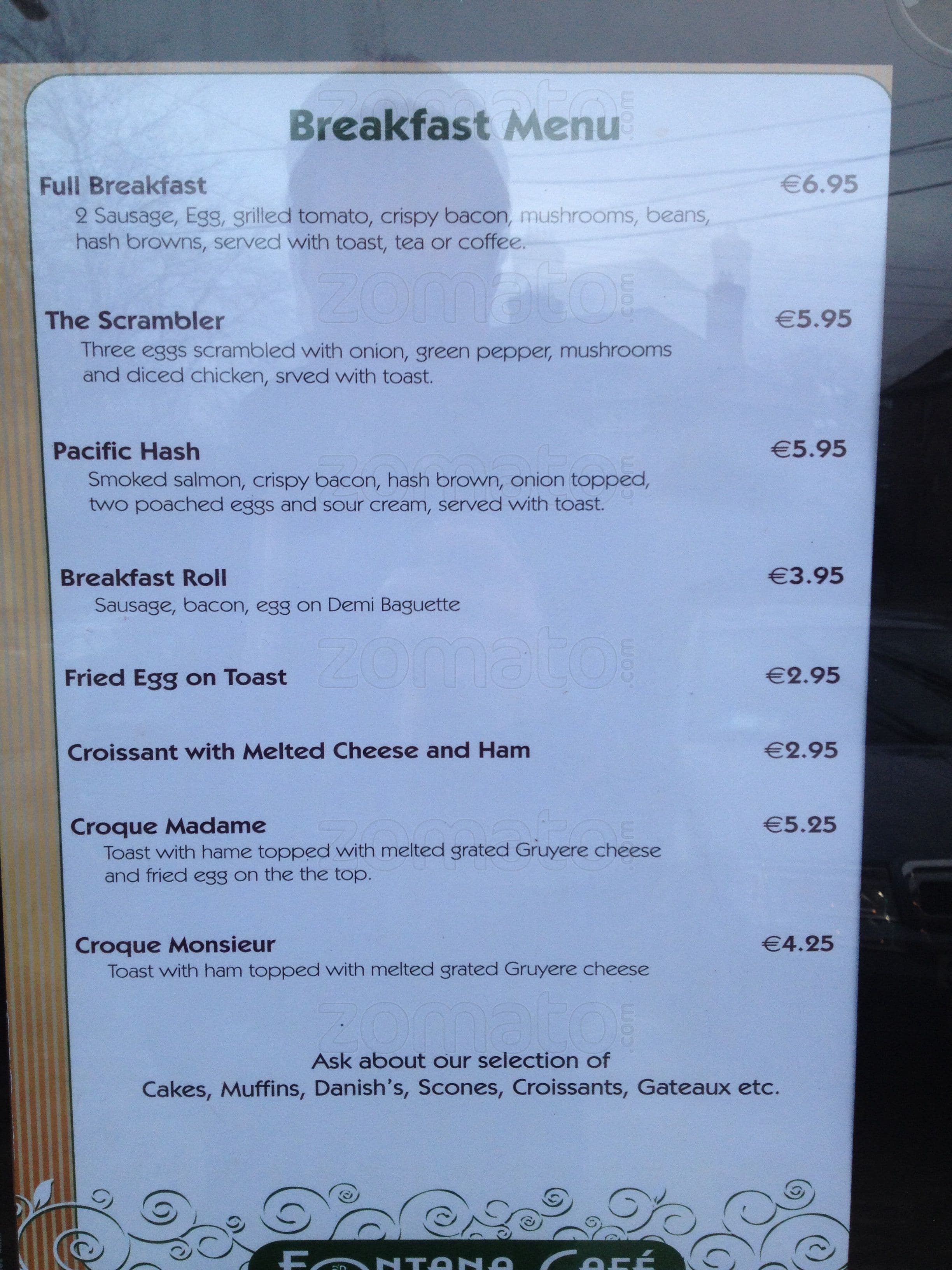 Menu at Fontana Cafe, Dublin, 255 Crumlin Road
