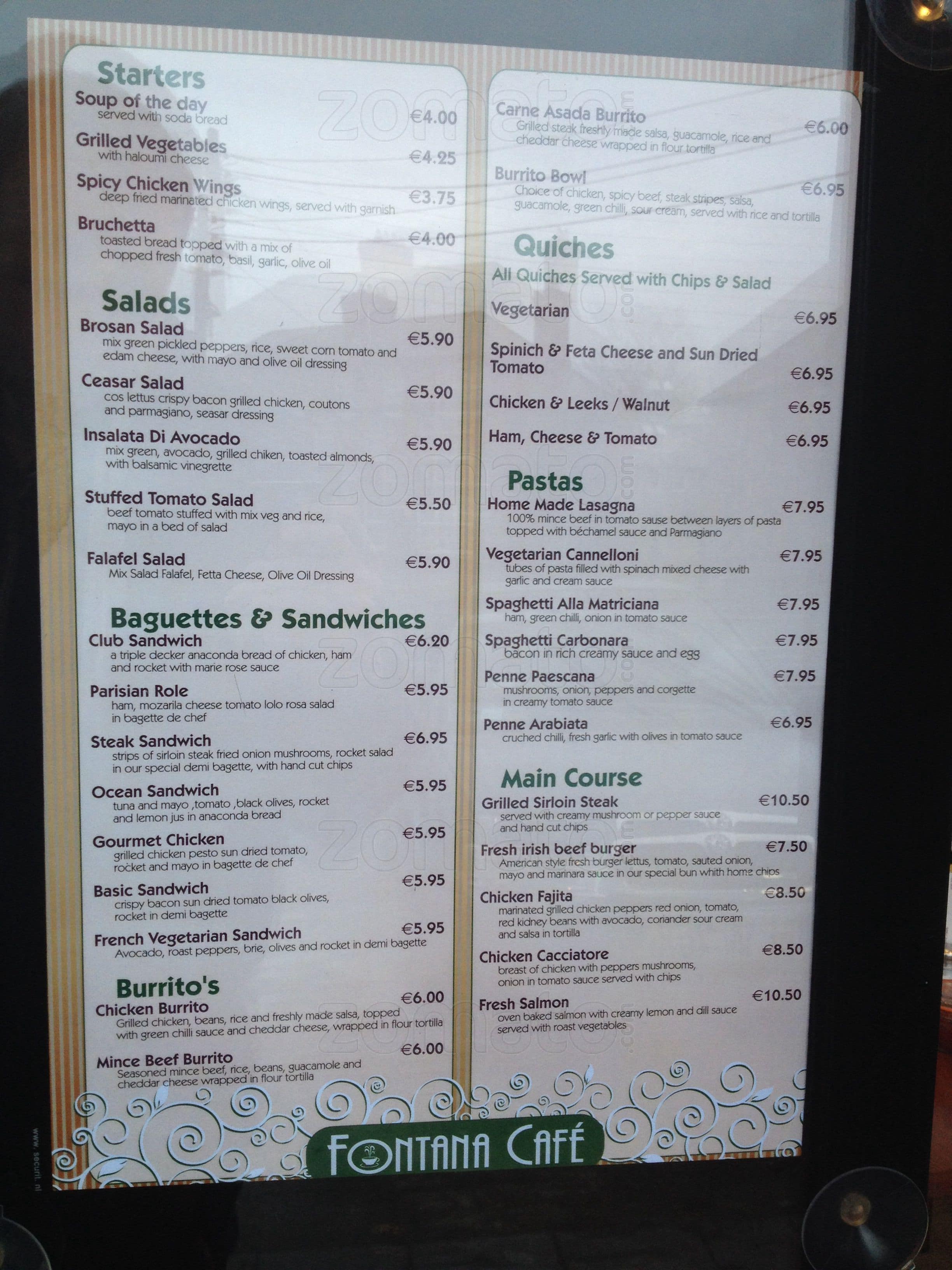 Menu at Fontana Cafe, Dublin, 255 Crumlin Road
