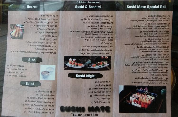 Menu at Sushi Mate restaurant, Rozelle