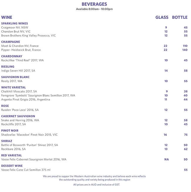 Menu at Cafe, Perth, 99 Adelaide Terrace