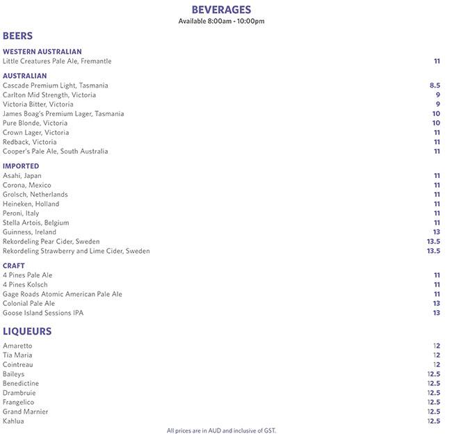 Menu at Cafe, Perth, 99 Adelaide Terrace