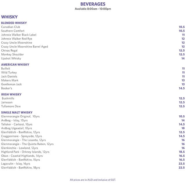 Menu at Cafe, Perth, 99 Adelaide Terrace