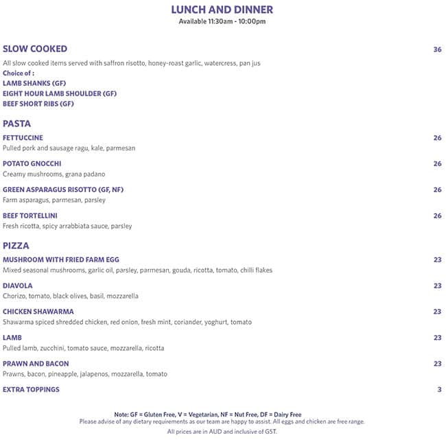 Menu at Cafe, Perth, 99 Adelaide Terrace