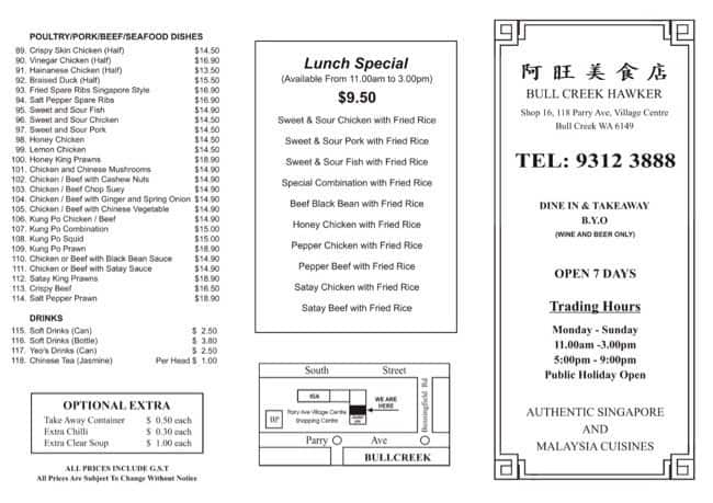 Bull Creek Hawker Menu, Menu for Bull Creek Hawker, Bull Creek, Perth ...