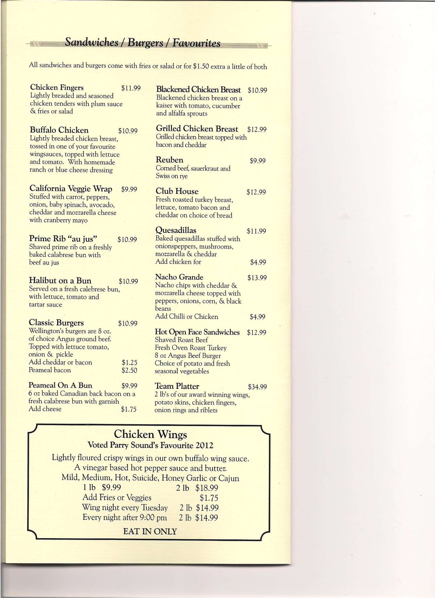 Menu at Wellington's Pub & Grill, Parry Sound