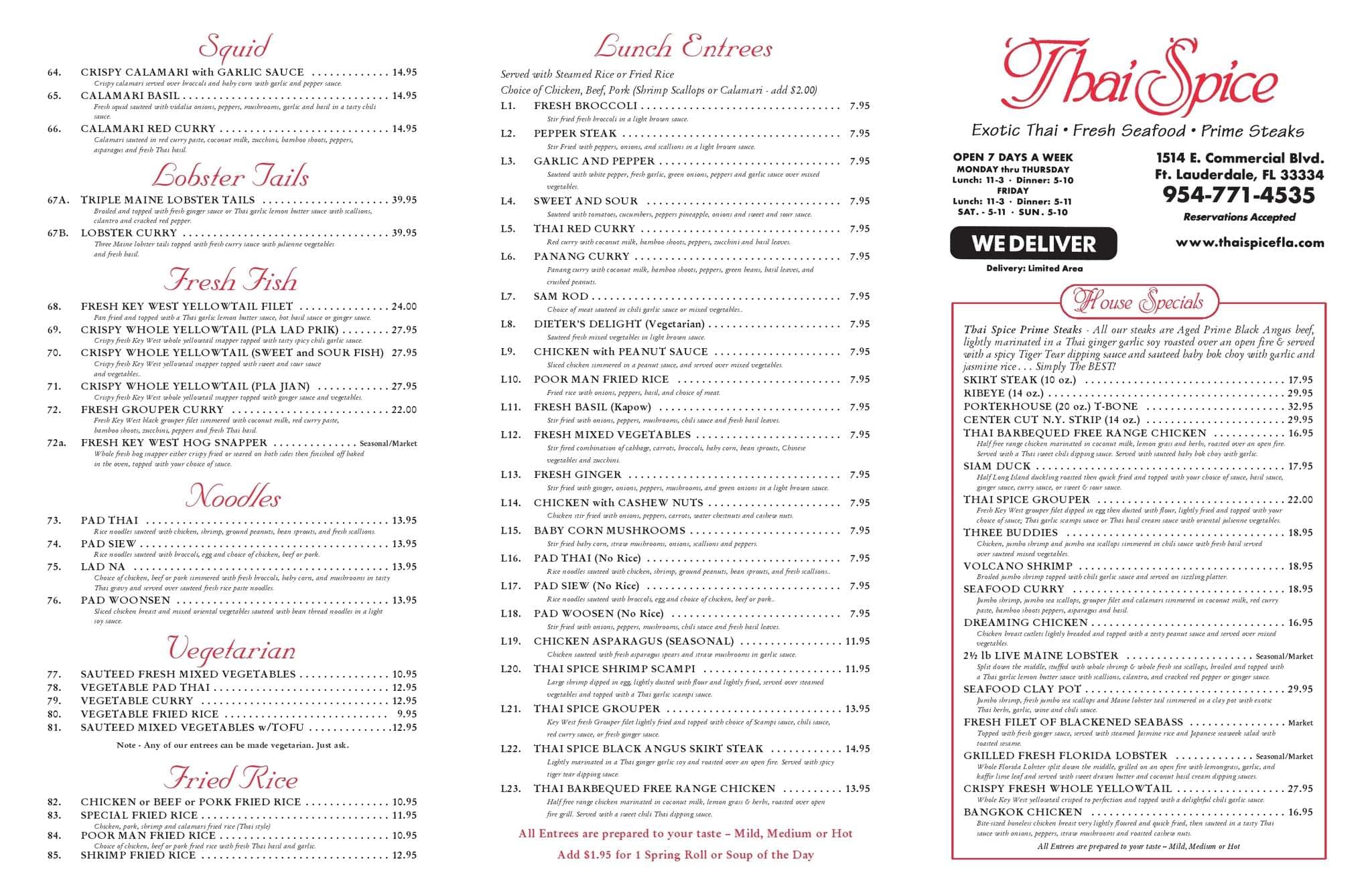 Menu at Thai Spice restaurant, Oakland Park