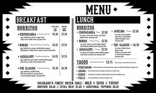 Menu at Bonfire Burritos restaurant, Golden