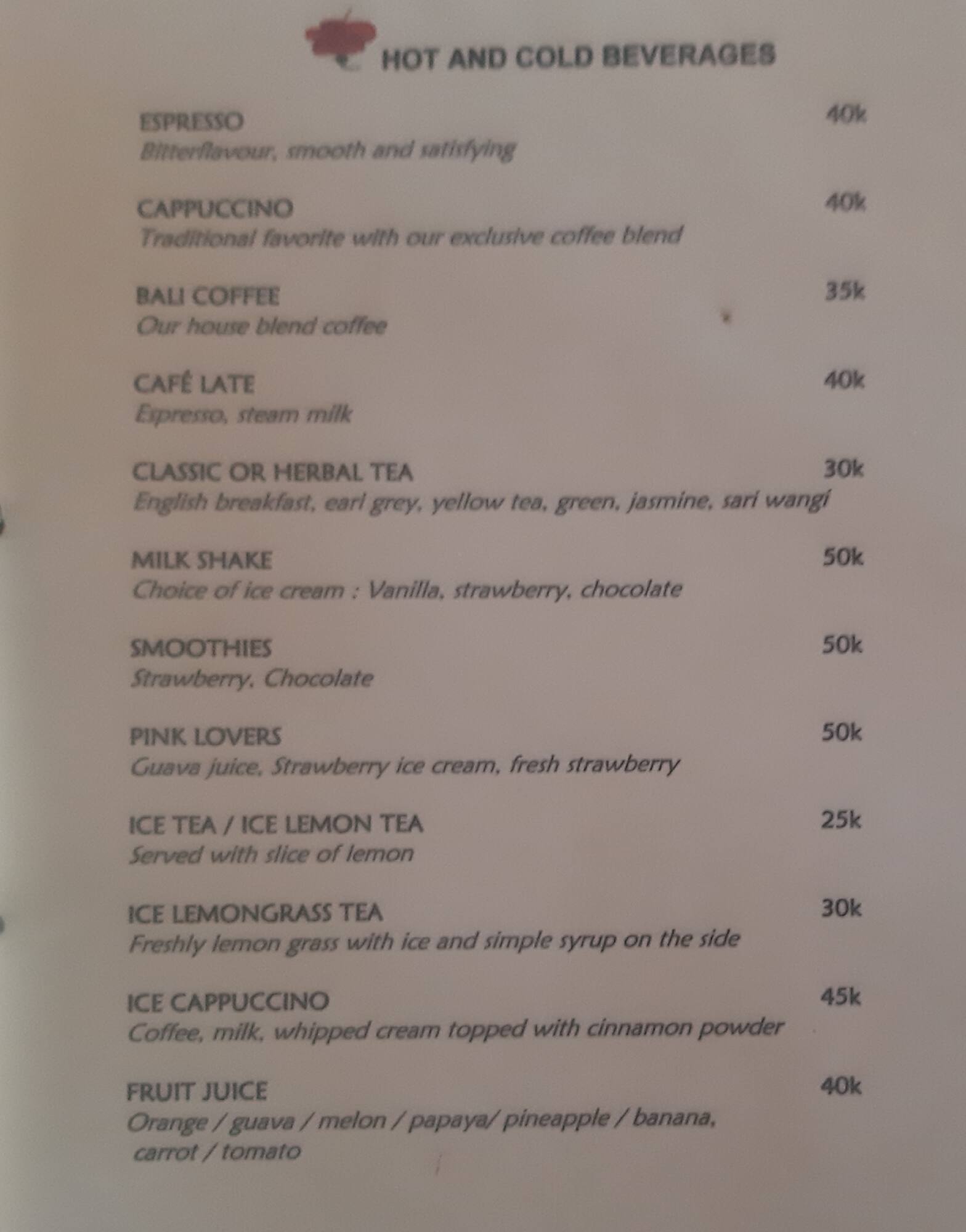 Menu at La Terrace Restaurant, Kuta Selatan, Sekar Nusa Villas Hotel Jl ...