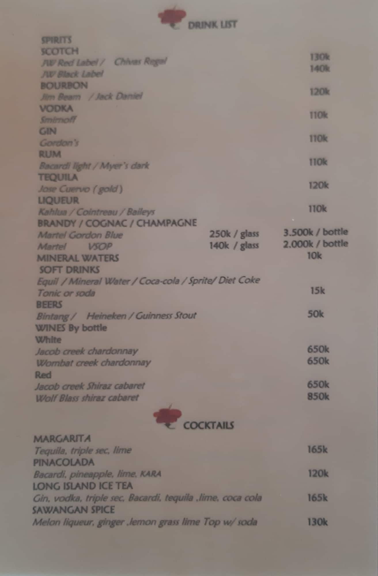Menu at La Terrace Restaurant, Kuta Selatan, Sekar Nusa Villas Hotel Jl ...