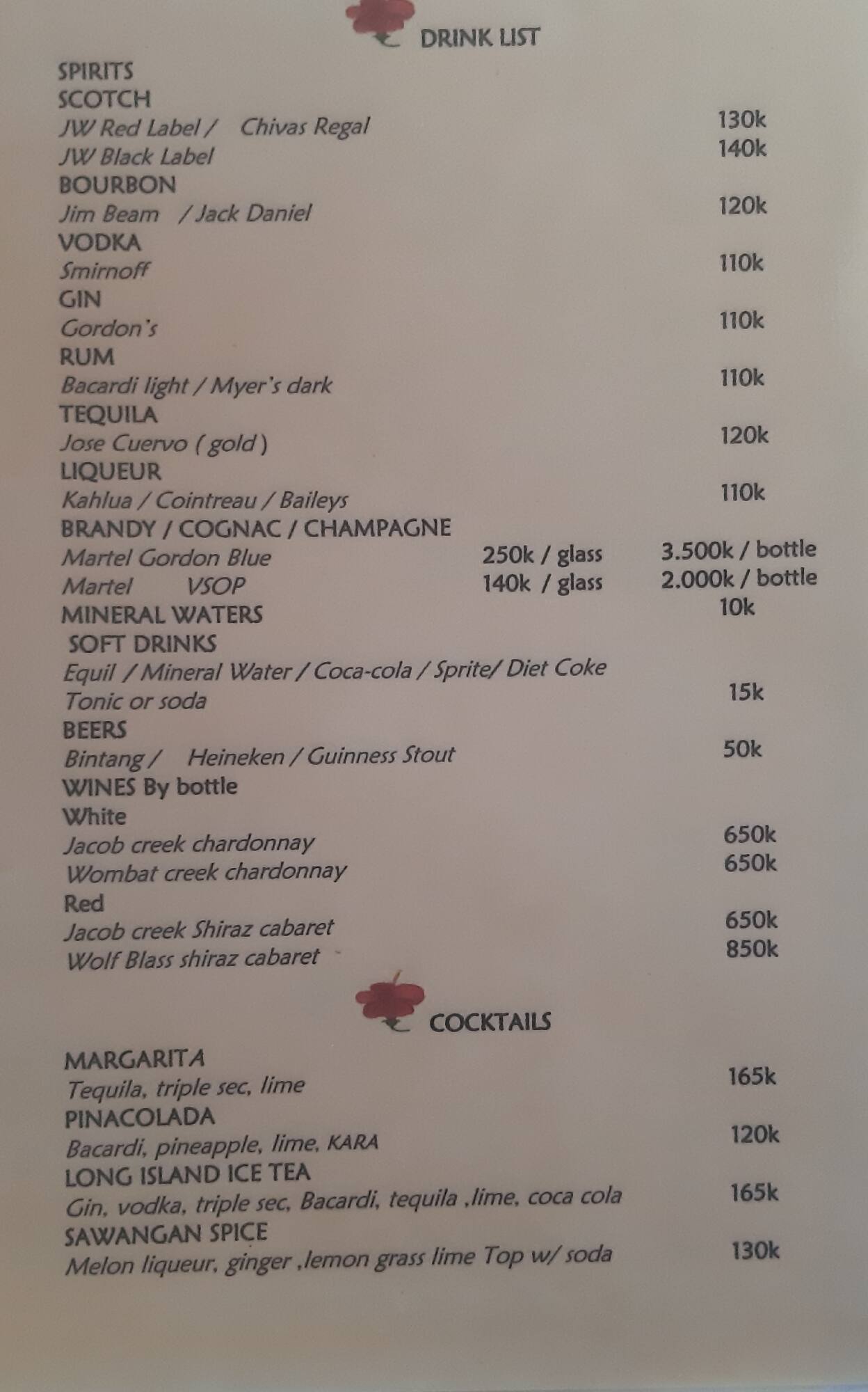 Menu at La Terrace Restaurant, Kuta Selatan, Sekar Nusa Villas Hotel Jl ...