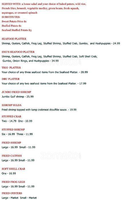 Menu at Sno's Seafood & Steak steakhouse, Gonzales