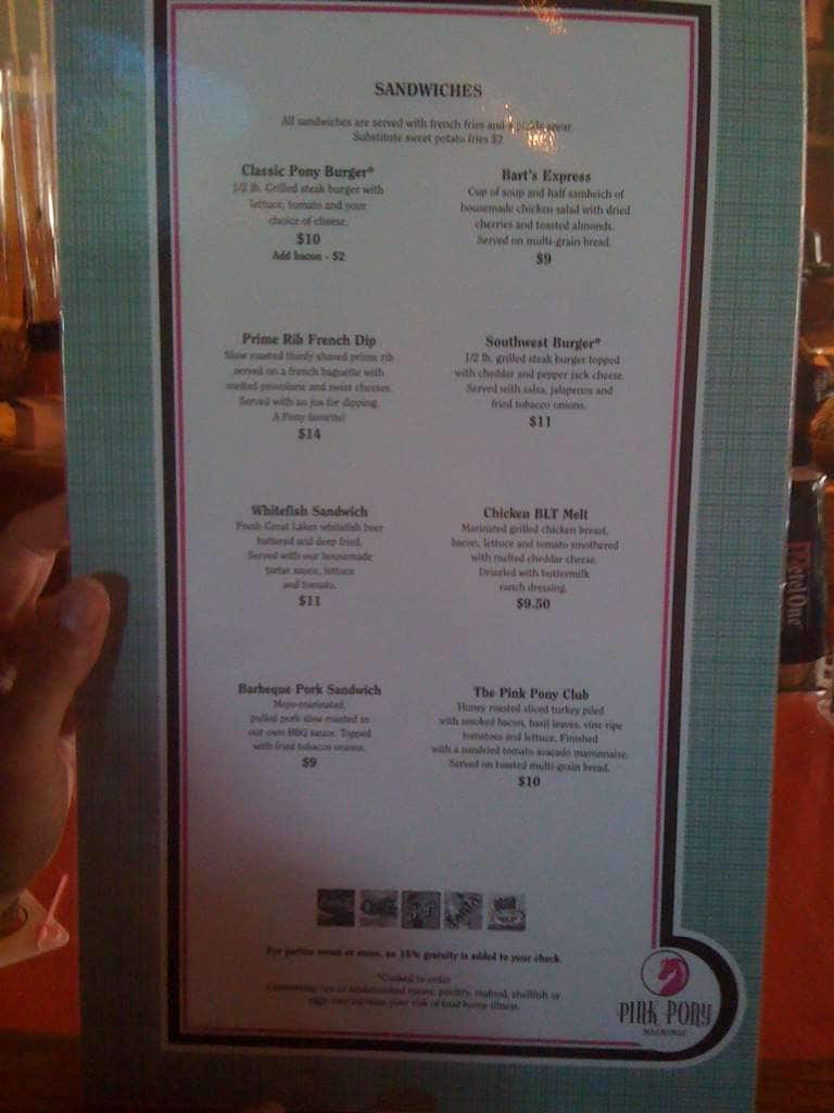 Menu at Pink Pony pub & bar, Mackinac Island