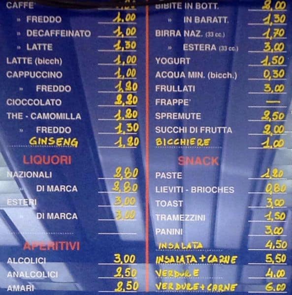 Menu da Non solo bar, Roma, Via Pisa