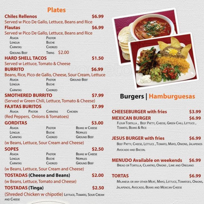 Menu at Jesus Mexican Taqueria restaurant, Aurora