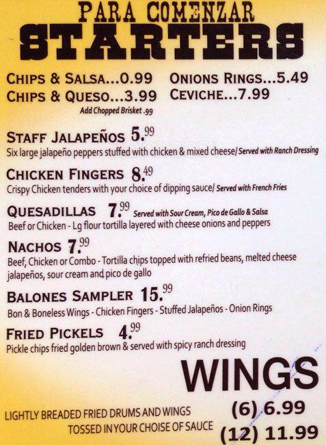Menu at Balones GP Restaurant & Bar, Grand Prairie, 540 S Carrier Pkwy ...