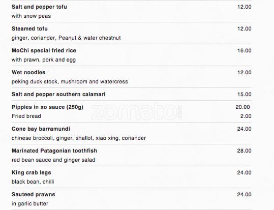 Menu at MoChi restaurant, Wollongong