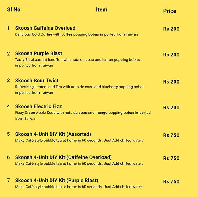 Menu of Skoosh Bubble Tea, BTM, Bangalore