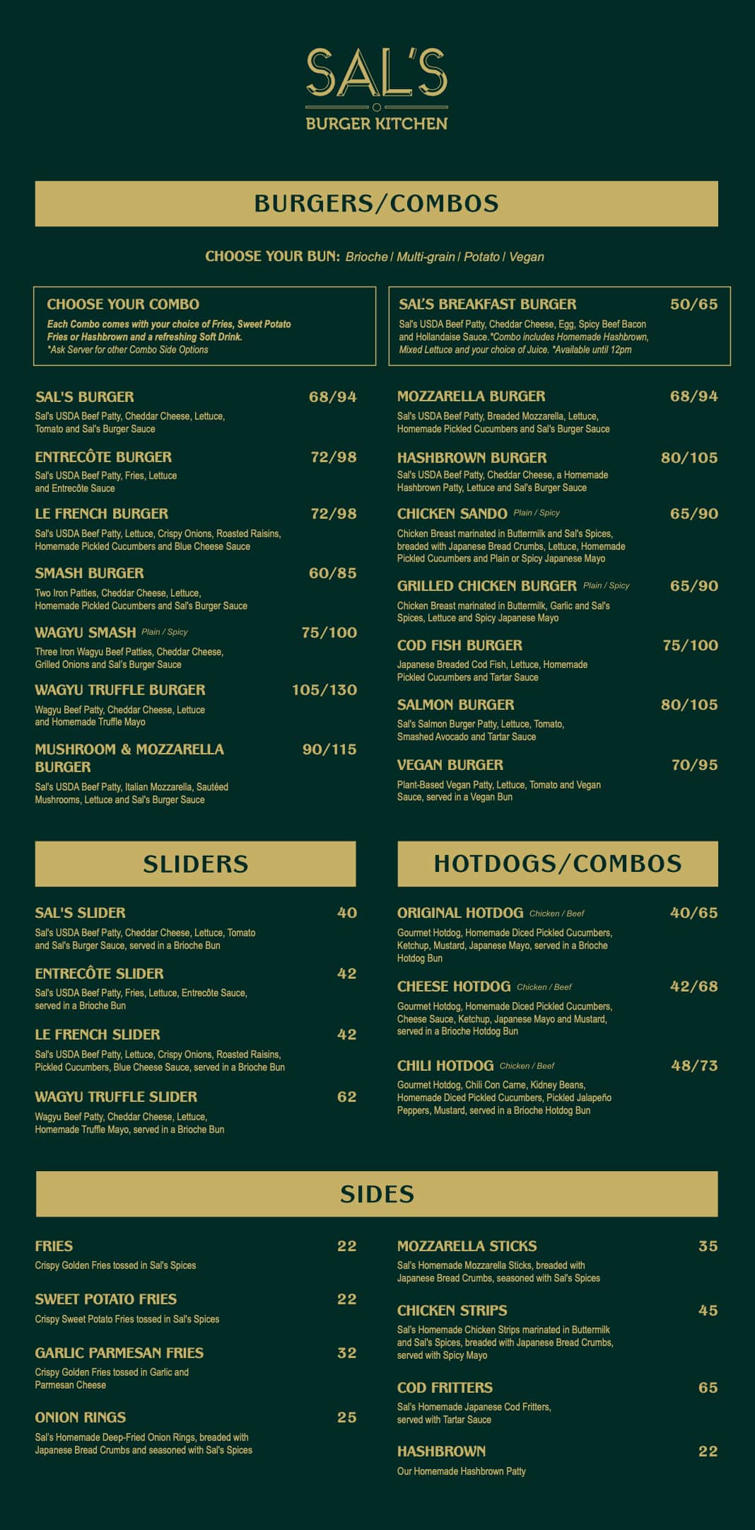 Menu of Sal's Burger Kitchen, Palm Jumeirah, Dubai