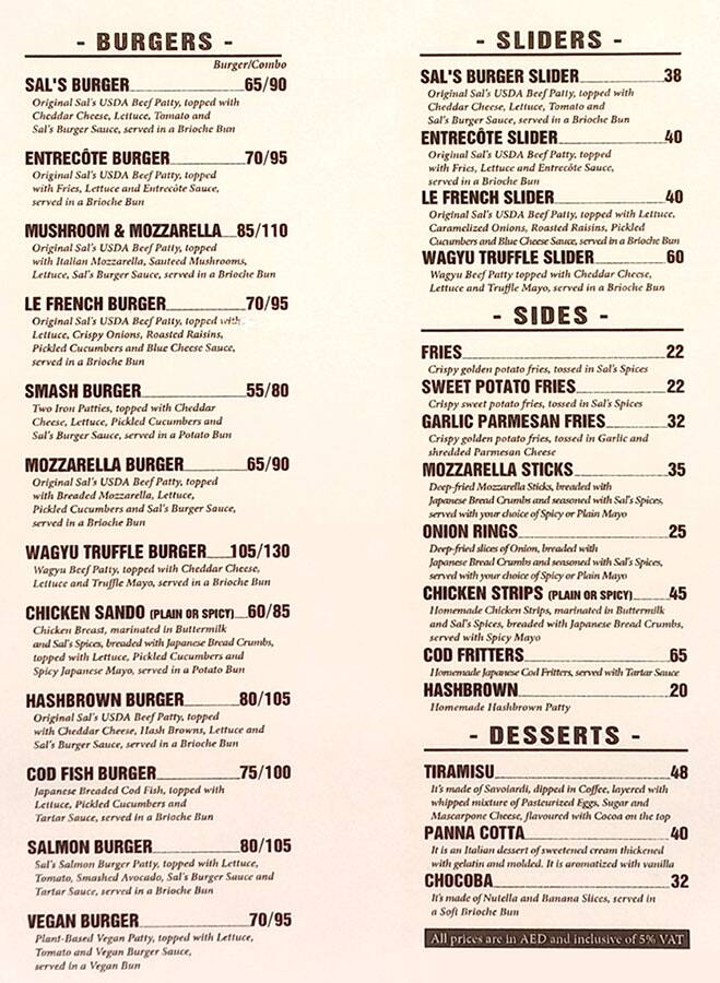 Menu of Sal's Burger Kitchen, Palm Jumeirah, Dubai