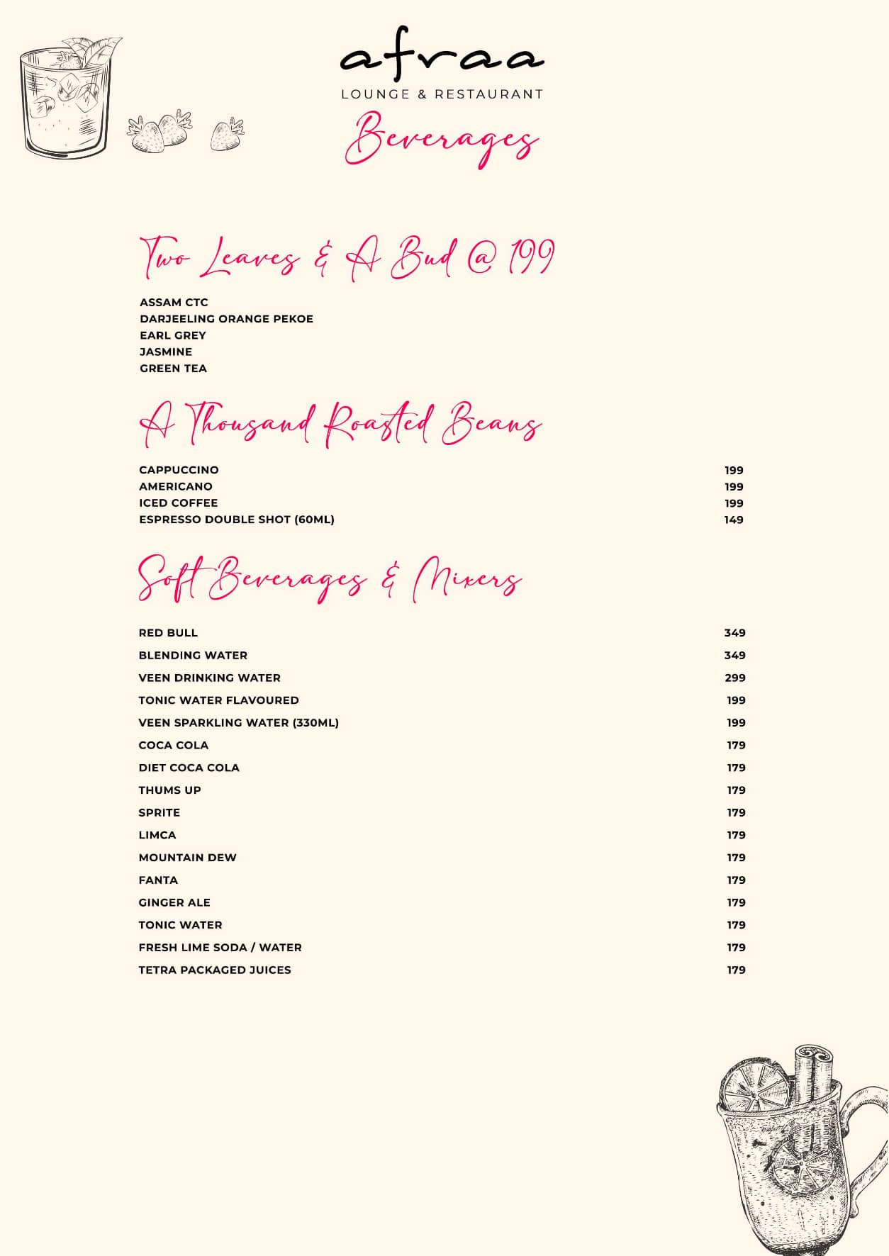 Menu of Afraa Lounge & Restaurant, City Centre Mall, Salt Lake, Kolkata