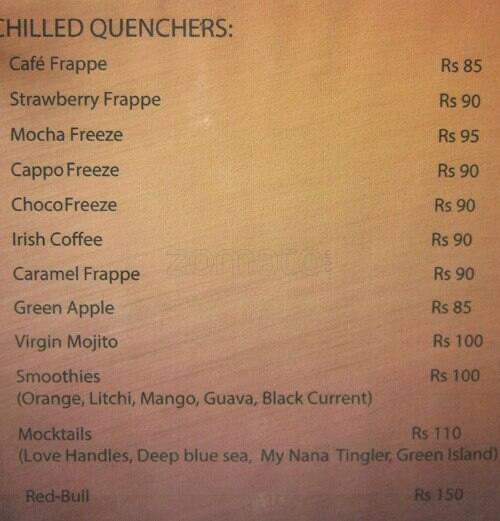 Menu at Crossover, Bengaluru, Outer Ring Road