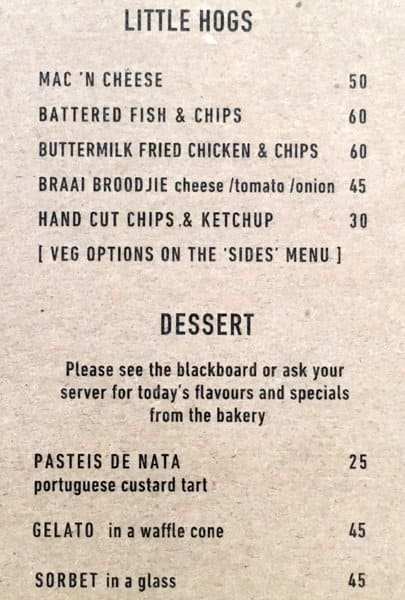 Menu at Hoghouse BBQ & Bakery at Spier, Cape Town
