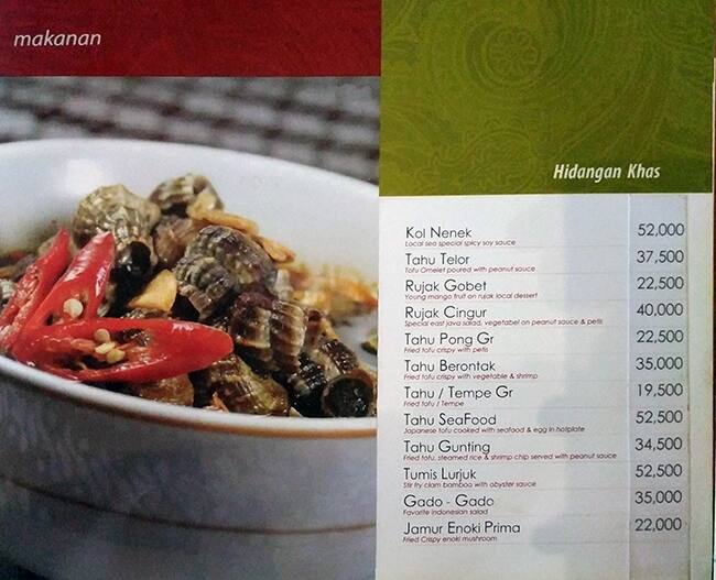 Menu at Handayani Prima restaurant, Jakarta