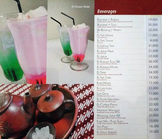 Menu at Handayani Prima restaurant, Jakarta