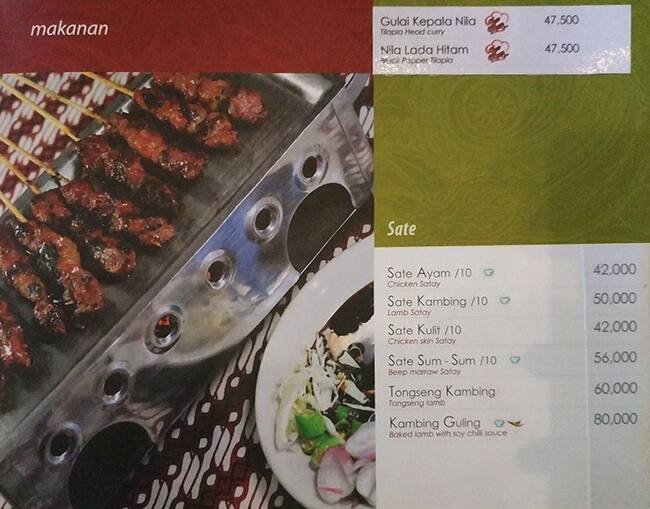 Menu at Handayani Prima restaurant, Jakarta
