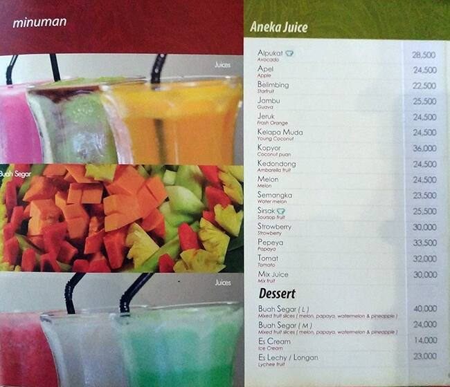 Menu at Handayani Prima restaurant, Jakarta