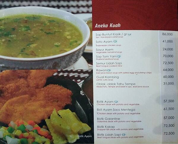 Menu at Handayani Prima restaurant, Jakarta