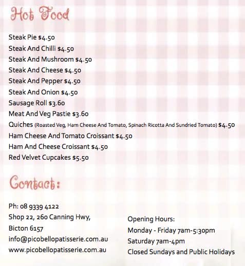 Menu at Picobello Patisserie cafe, Bicton