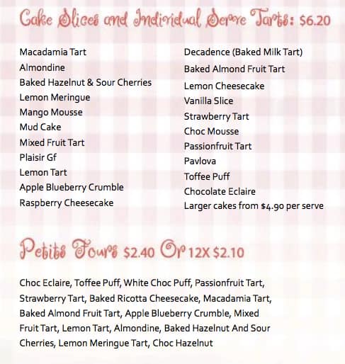 Menu at Picobello Patisserie cafe, Bicton