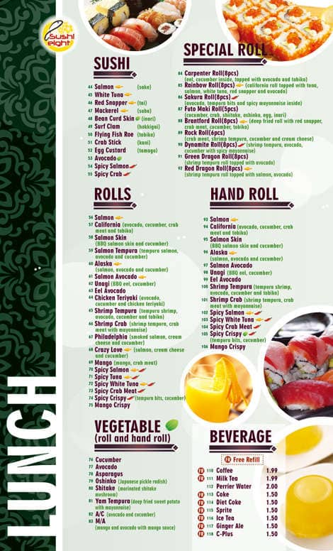 Menu at Sushi Eight restaurant, Brantford
